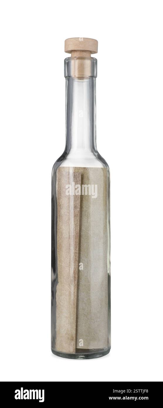 Corked glass bottle with rolled letter isolated on white Stock Photo ...