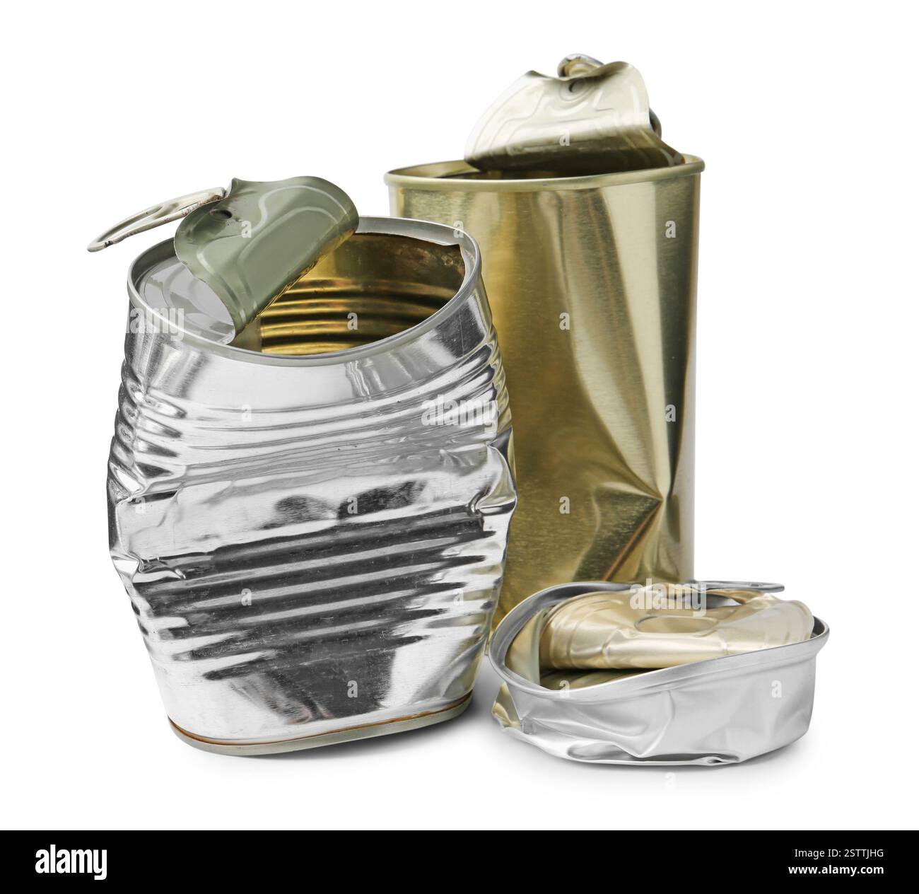 Three crumpled tin cans isolated on white Stock Photo - Alamy