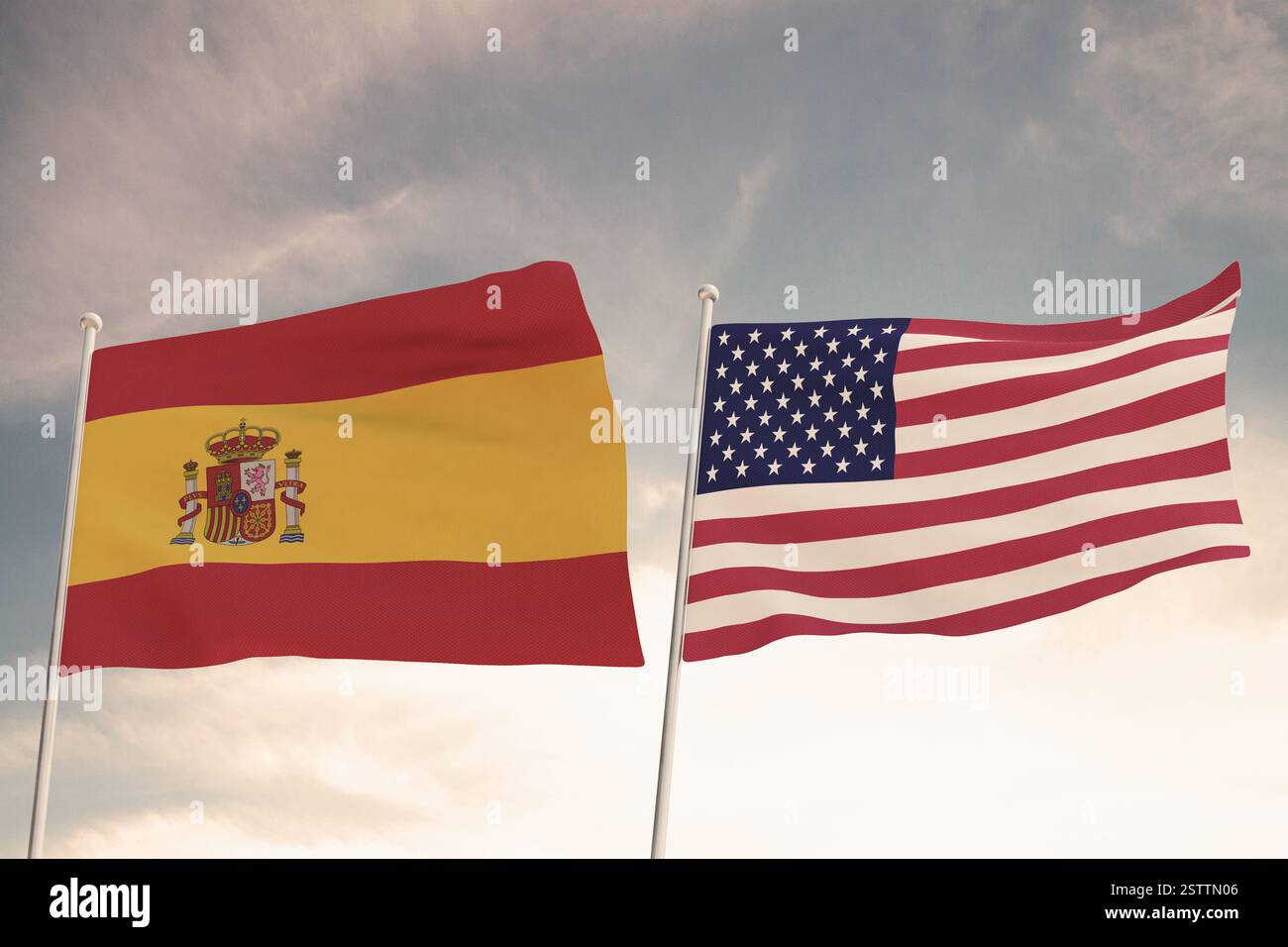 Flags of SPAIN AND United States of America USA waving with cloudy blue ...