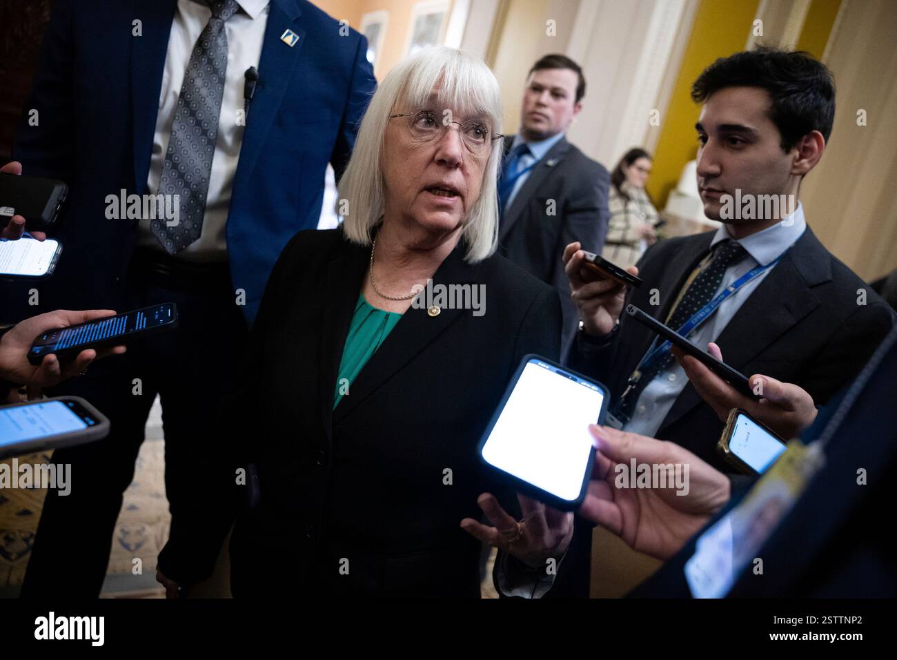 Sen. Patty Murray (D-Wash.) speaks with reporters at the U.S. Capitol ...