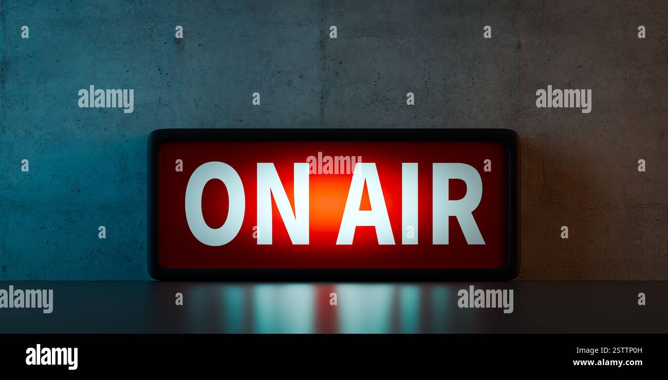 Live sign in a broadcast studio with the words "on air".3d rendering ...