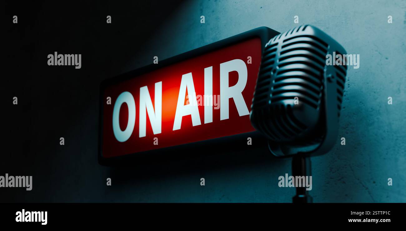 Live sign in a broadcast studio with the words "on air".3d rendering ...