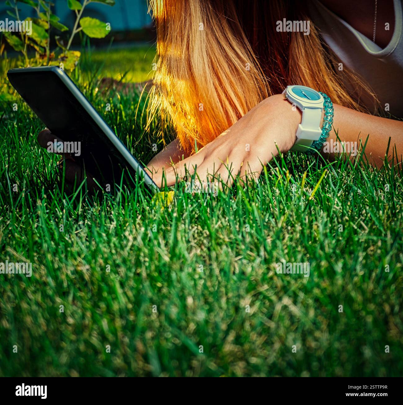 Digital education. Young lady learning using digital media in park ...