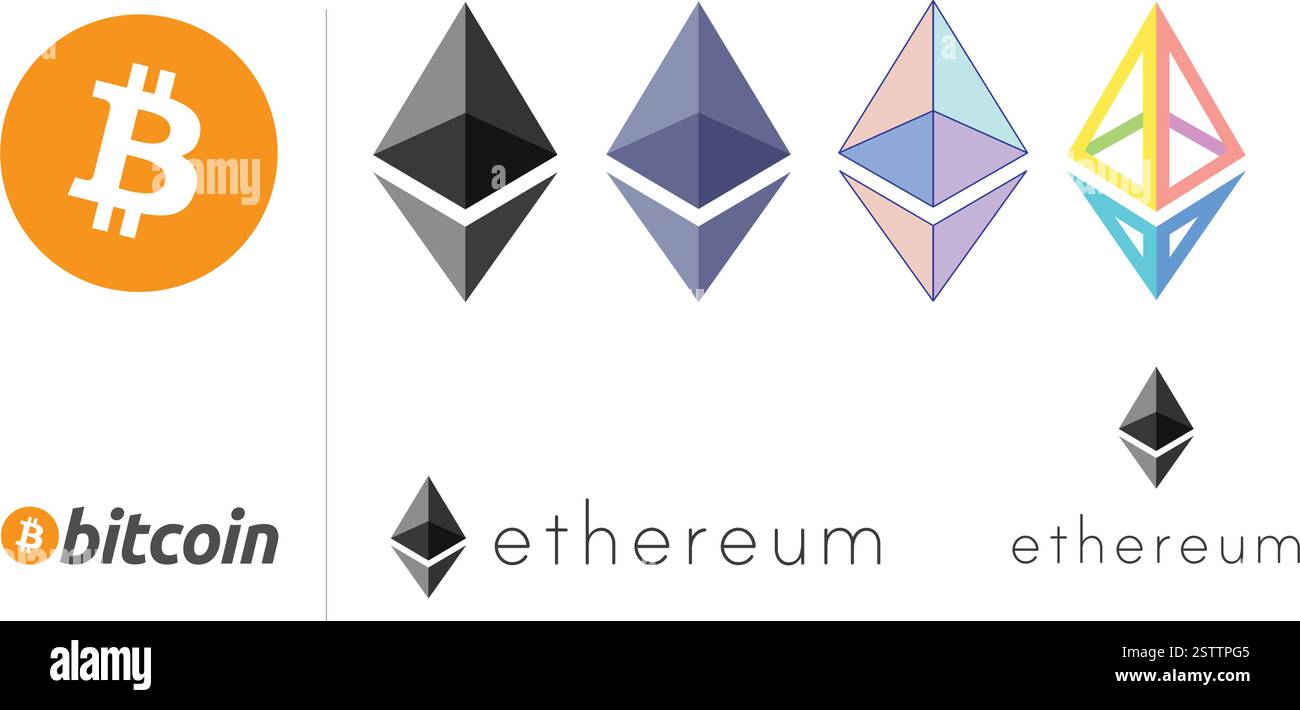 Official Bitcoin and Ethereum cryptocurrency logos in various vector ...