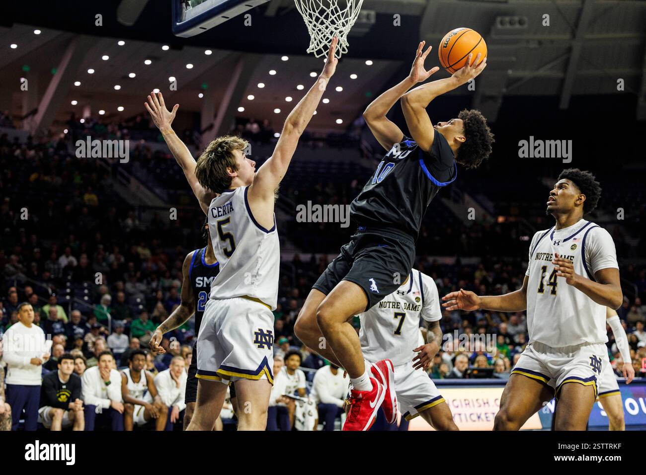 February 19, 2025: SMU guard AJ George (10) shoots the ball as Notre ...