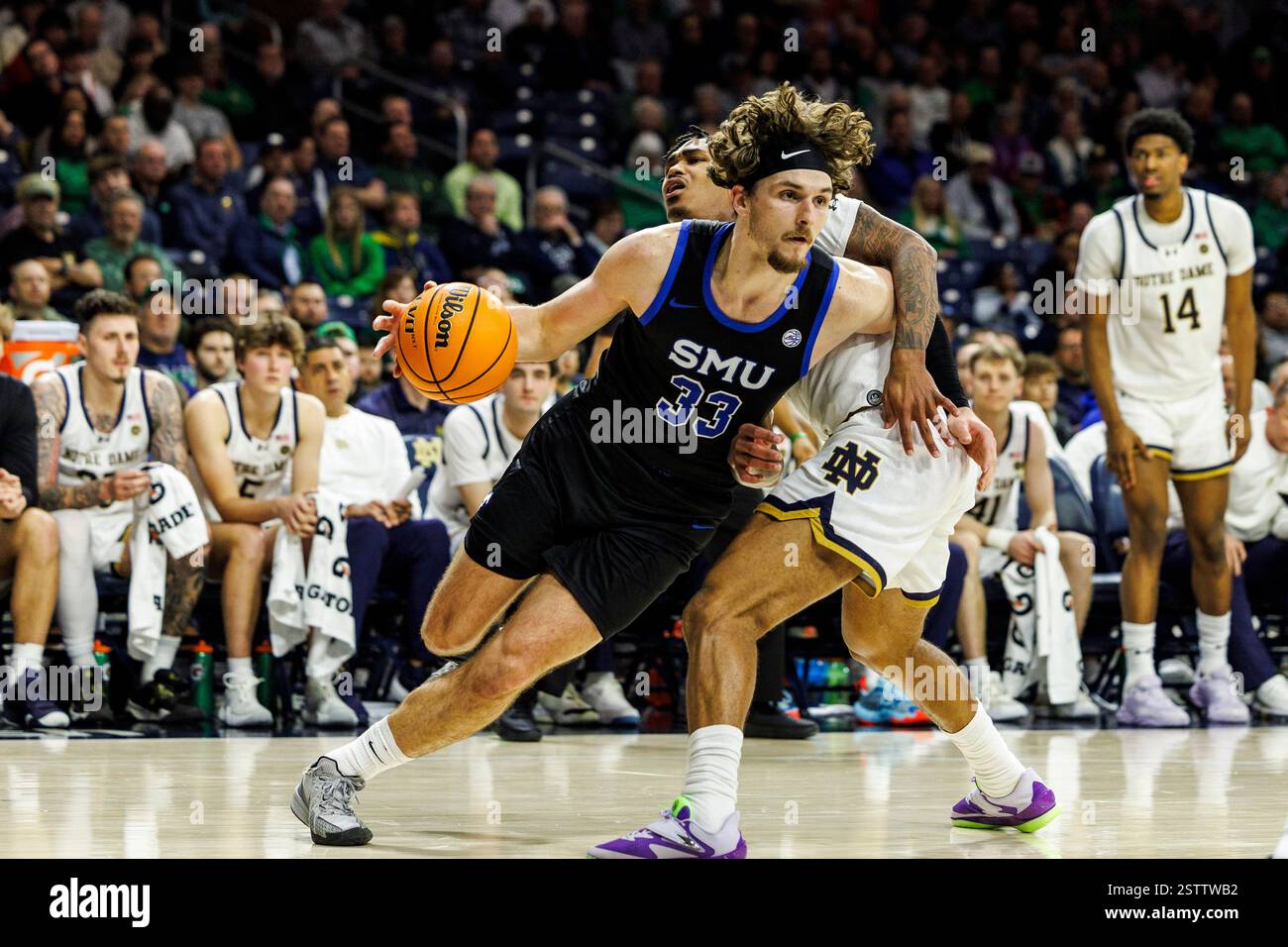 February 19, 2025: SMU forward Matt Cross (33) drives as Notre Dame ...