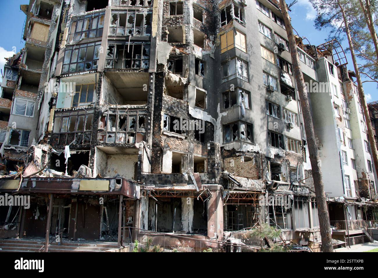 Photo shows an apartment block devastated by Russian bombings in Irpin ...