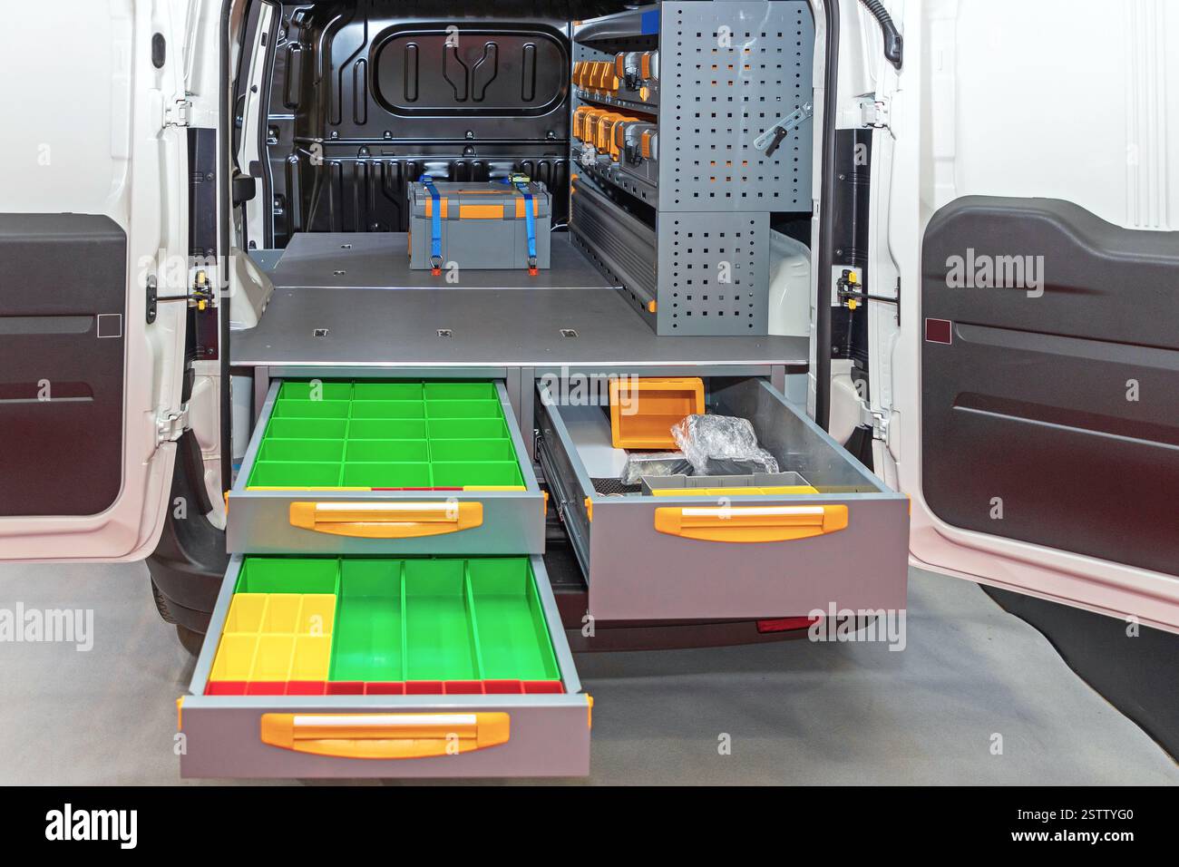 Parts and tools in drawers equipment mobile workshop van hi-res stock ...