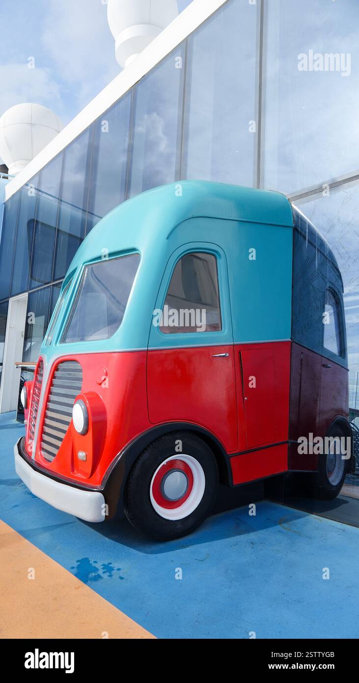 Vintage Red and Blue Food Truck on Cruise Ship Deck with Ocean Views ...
