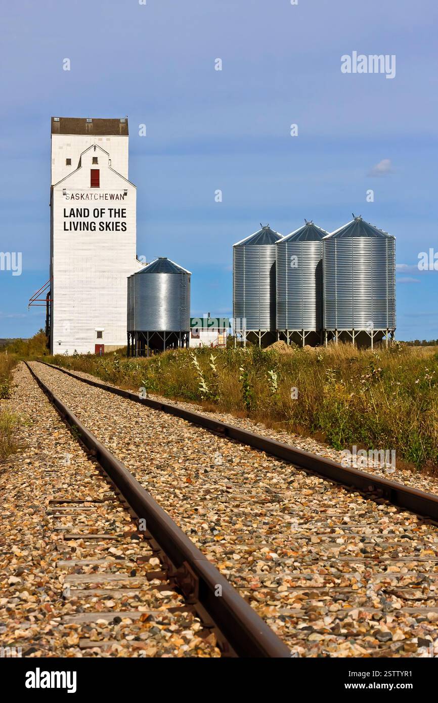 Grain silo with the words "Land of the Living Skies" painted on it. The ...