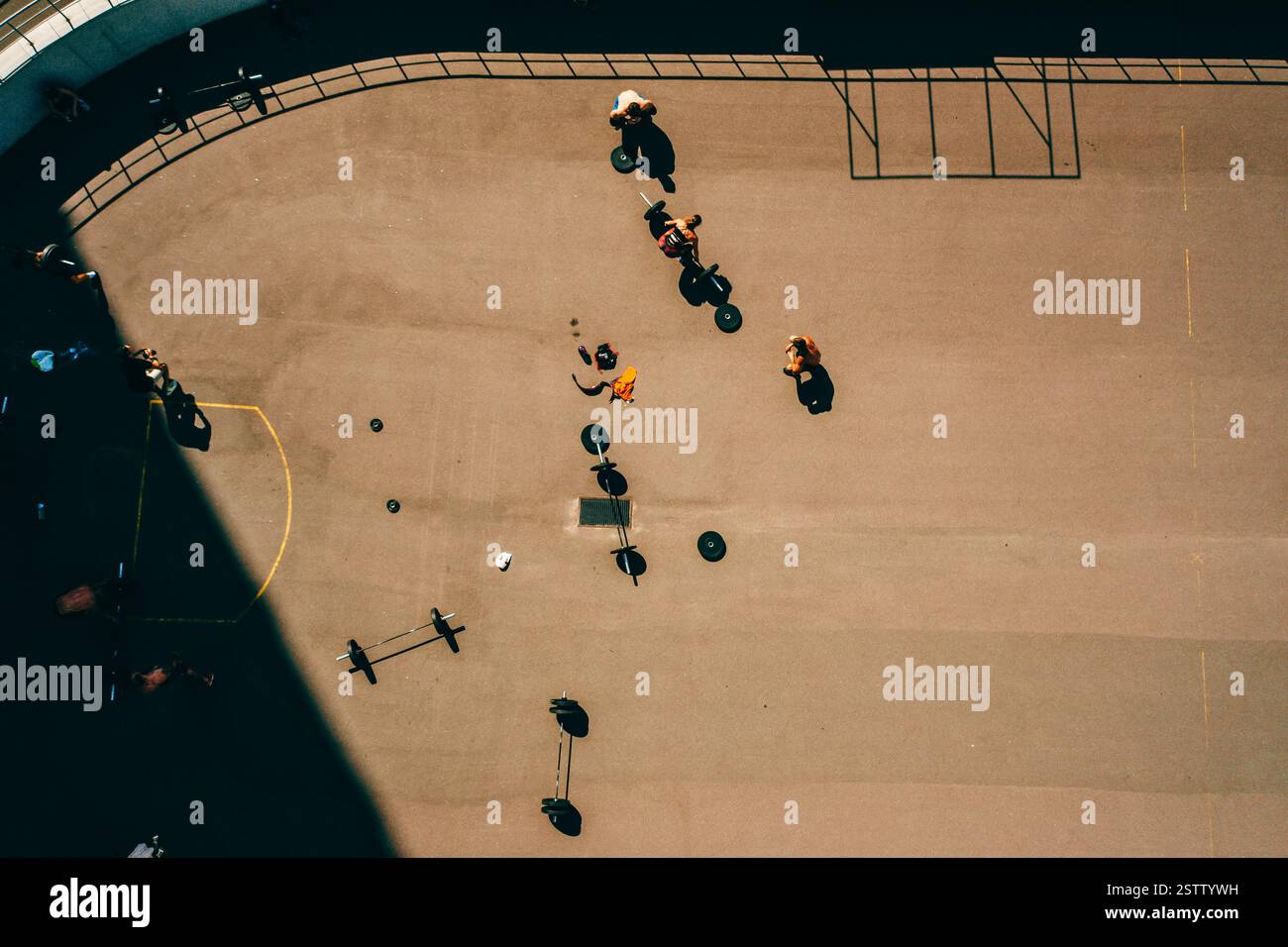 Aerial footage of a sports ground, people doing weightlifting Stock ...
