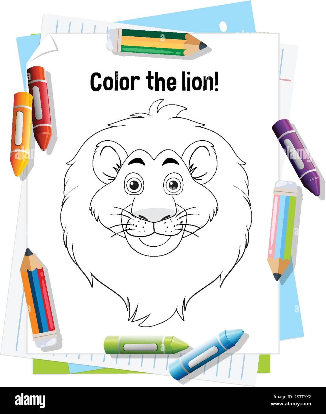Fun lion coloring page with vibrant crayons Stock Vector Image & Art ...