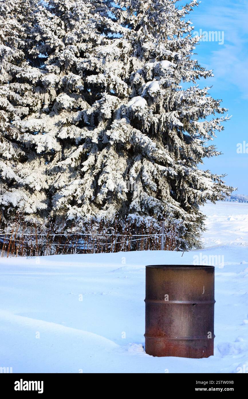 Rusty barrel is sitting in the snow next to a tree. The barrel is ...