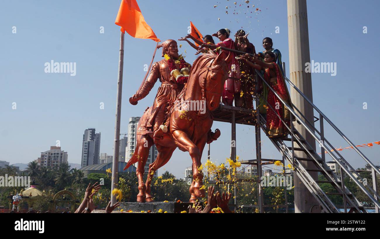 THANE, INDIA - FEBRUARY 19: Devotees are seen saluting the statue of ...