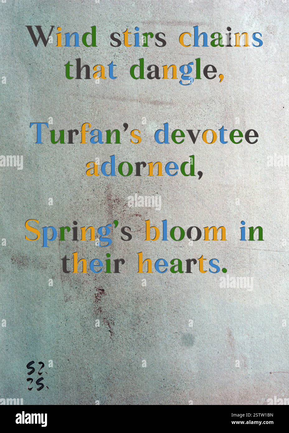 Wind stirs chains that dangle, Turfan's devotee adorned, Spring's bloom ...