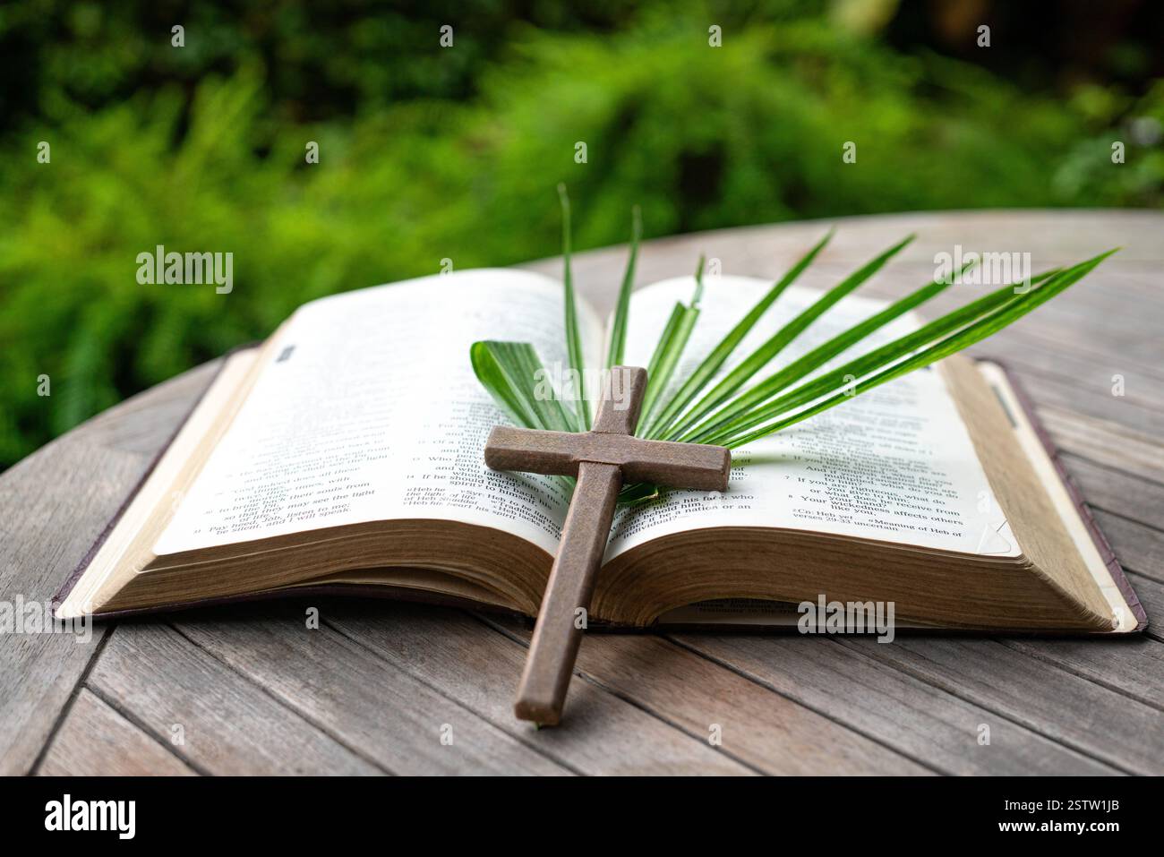 Crucifix cross and palm leaf on top of Holy Bible. Palm Sunday and ...