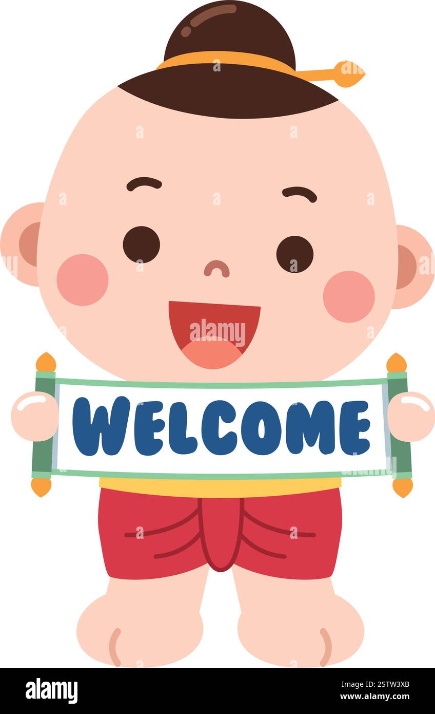 Cute Cartoon Boy Holding a "Welcome" Sign Stock Vector Image & Art - Alamy