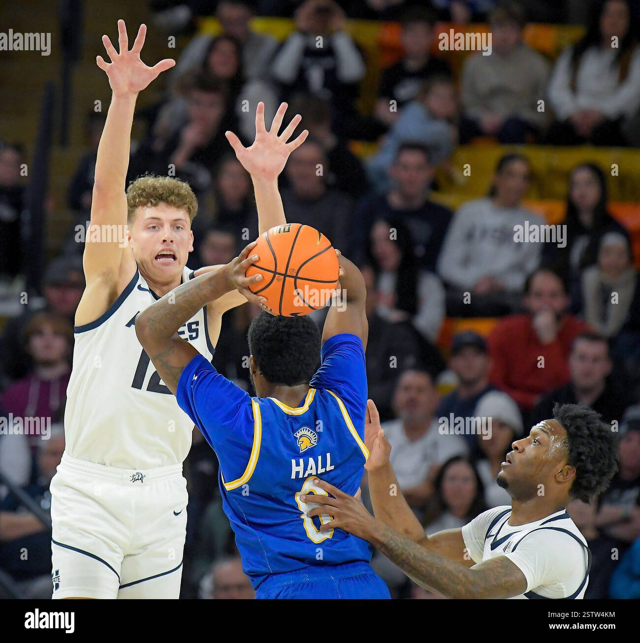 San Jose State forward Sadaidriene Hall, center, looks to pass the ball ...