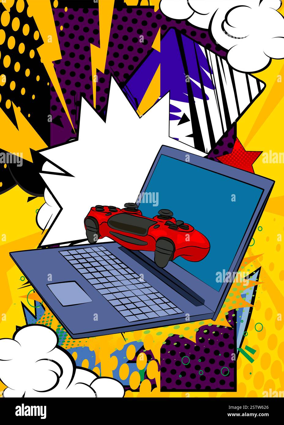 Cartoon Laptop, comic book Notebook with Gaming controller. Retro ...