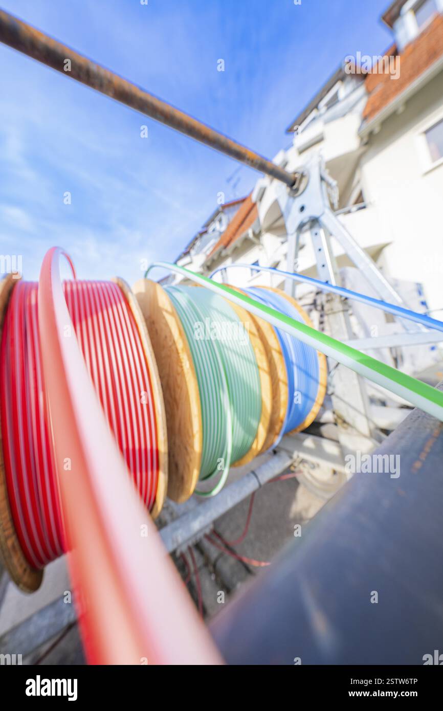 Cable drums with colourful cables in a technical environment, Wend ...