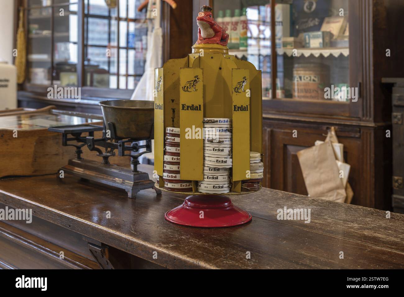 Erdal revolving stand for shoe polish in a former Thuringian drugstore ...