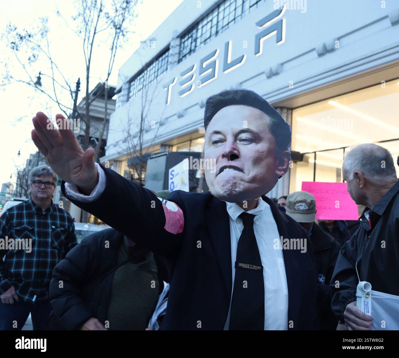San Francisco, United States. 19th Feb, 2025. A protestor wearing an ...
