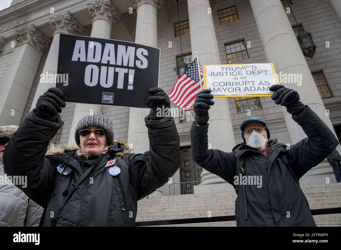 USA. 19th Feb, 2025. Members of the activist group Rise and Resist and ...