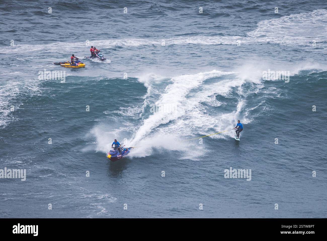 Nazare, Portugal. 18th Feb, 2025. Hawaiian surfer Ian Walsh is pulled ...