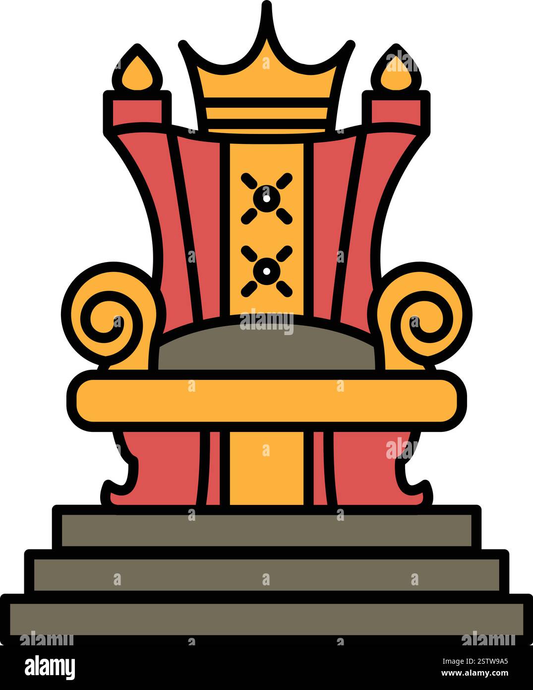 A cartoon drawing of a throne with a crown on top. The chair is red and ...