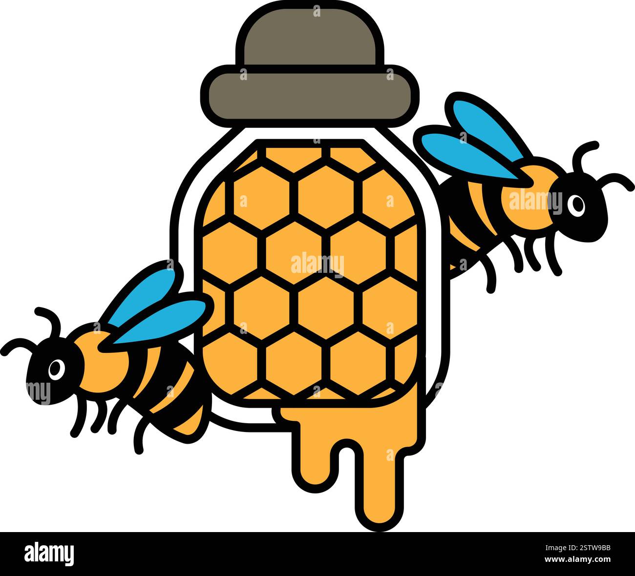 A cartoon of two bees and a jar of honey. The jar is shaped like a hat ...