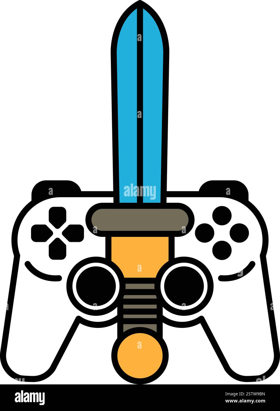 A video game controller with a sword on top of it. The controller is ...