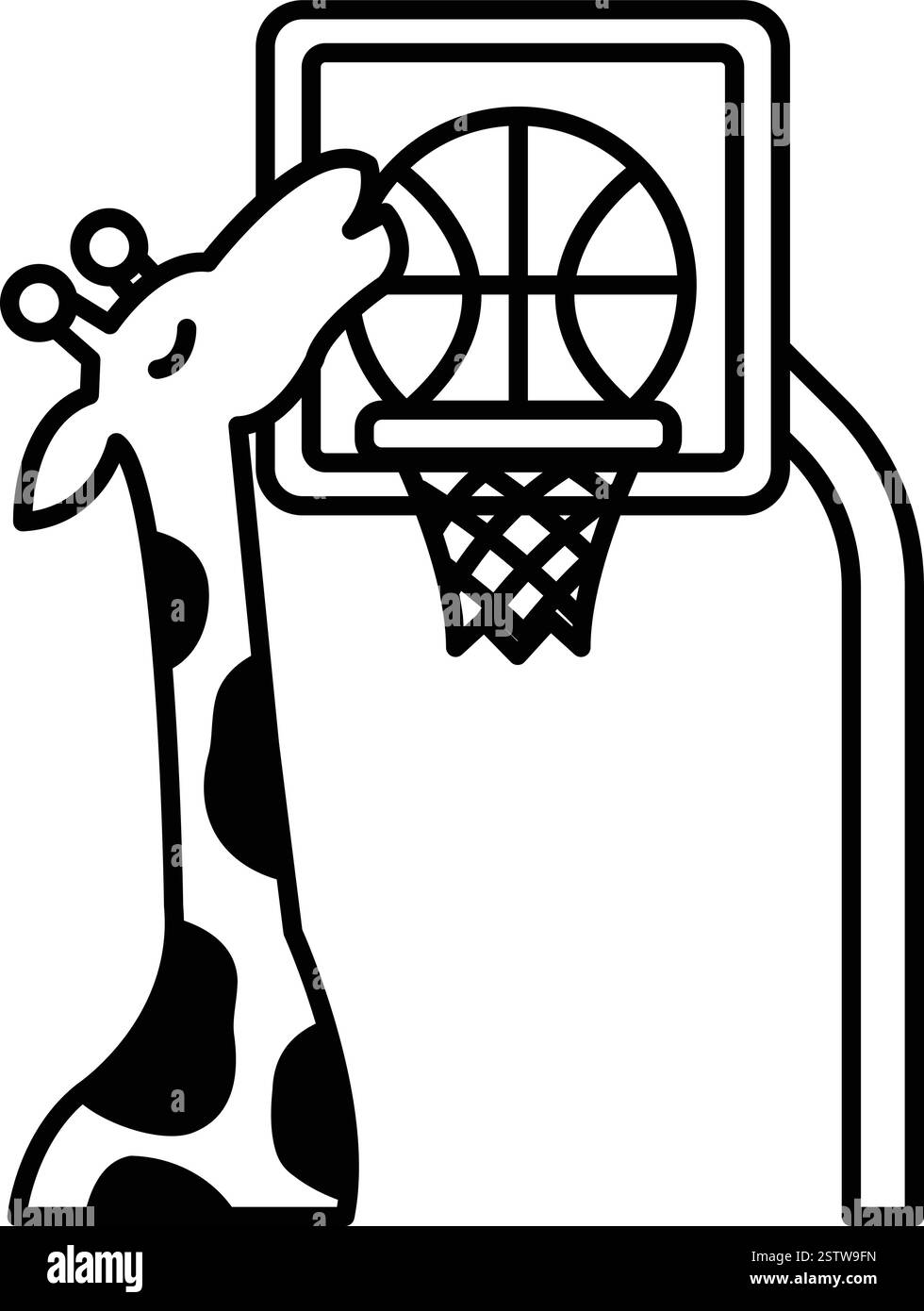 A giraffe is leaning over a basketball hoop and sniffing the basketball ...