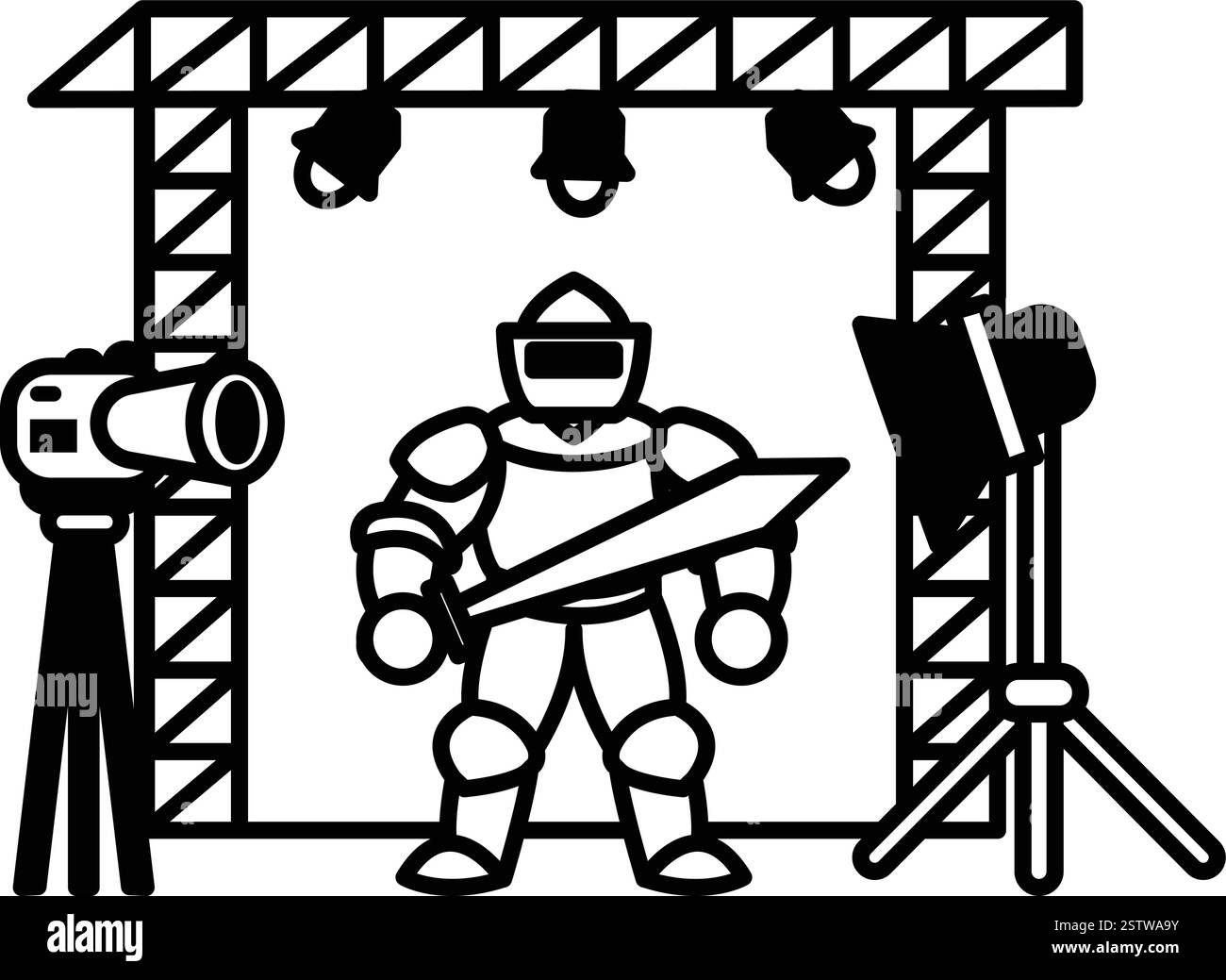 A knight is standing in front of a camera with a sword in his hand ...