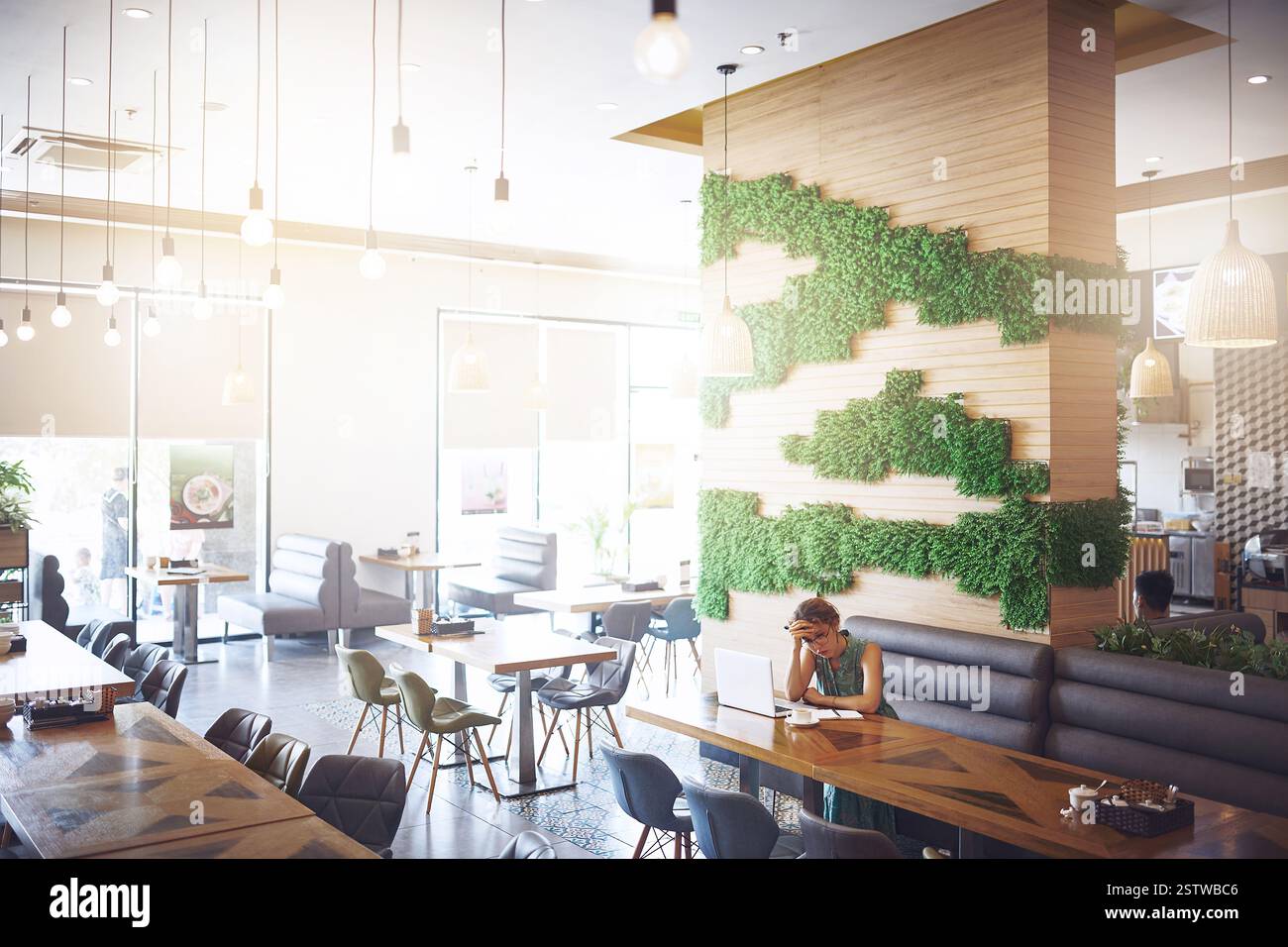 Woman, journalist and stress at cafe with laptop, angry and bad news ...