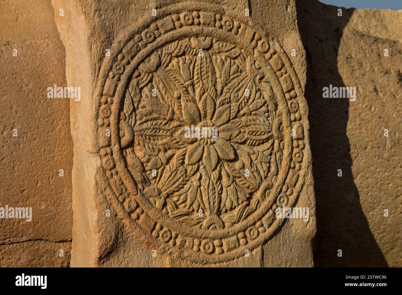 A carved medallion, a round decorative carving with floral motifs on ...