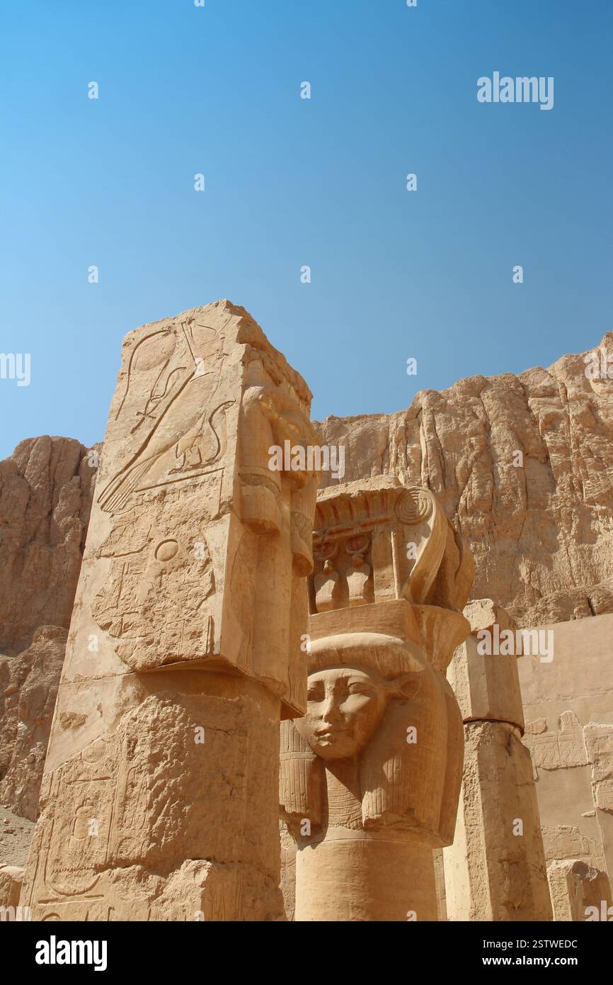 Hathor column with female head at Hathor Chapel in Temple of Hatshepsut ...