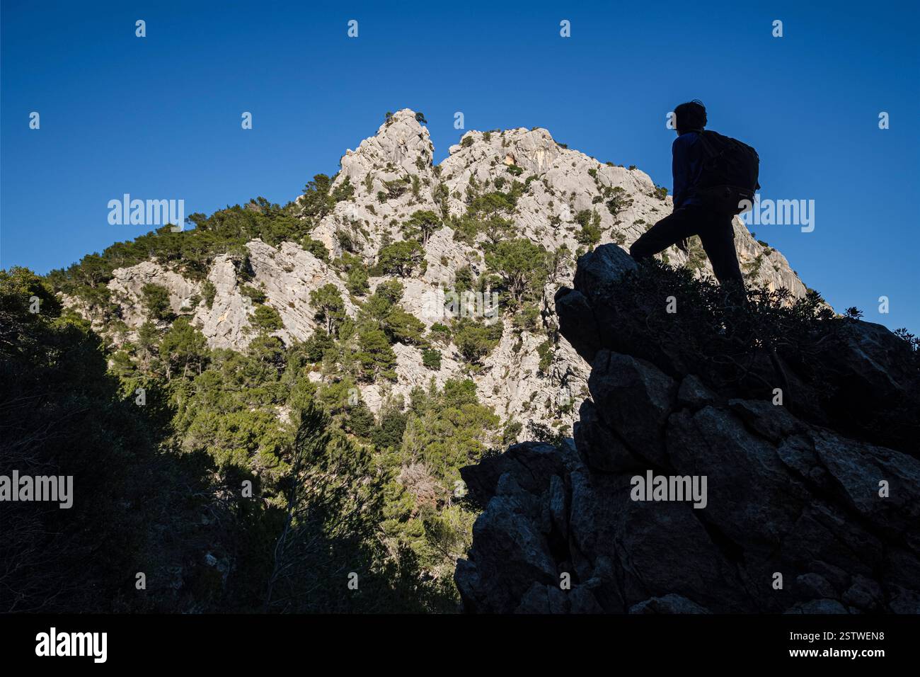Silhouette of a hiker in front of Puig d'en Grau Stock Photo - Alamy