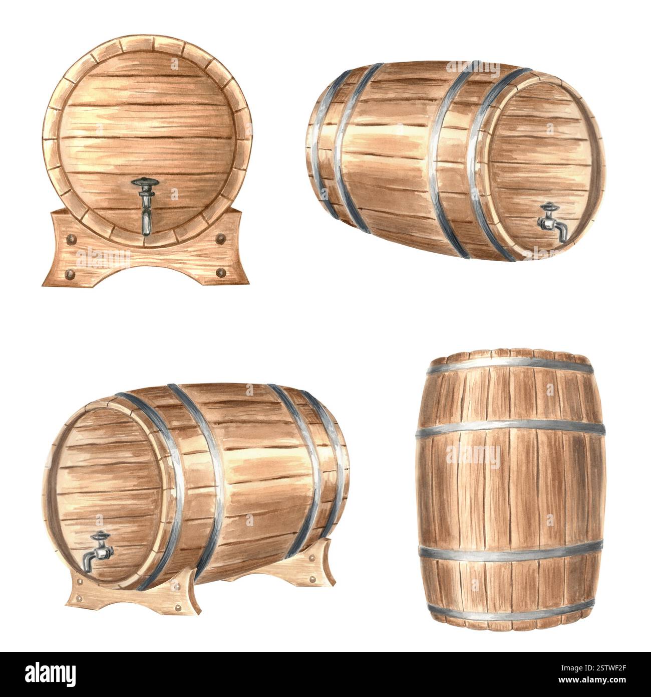 Set of wooden barrels, casks for rum. Keg for wine, whiskey or beer ...