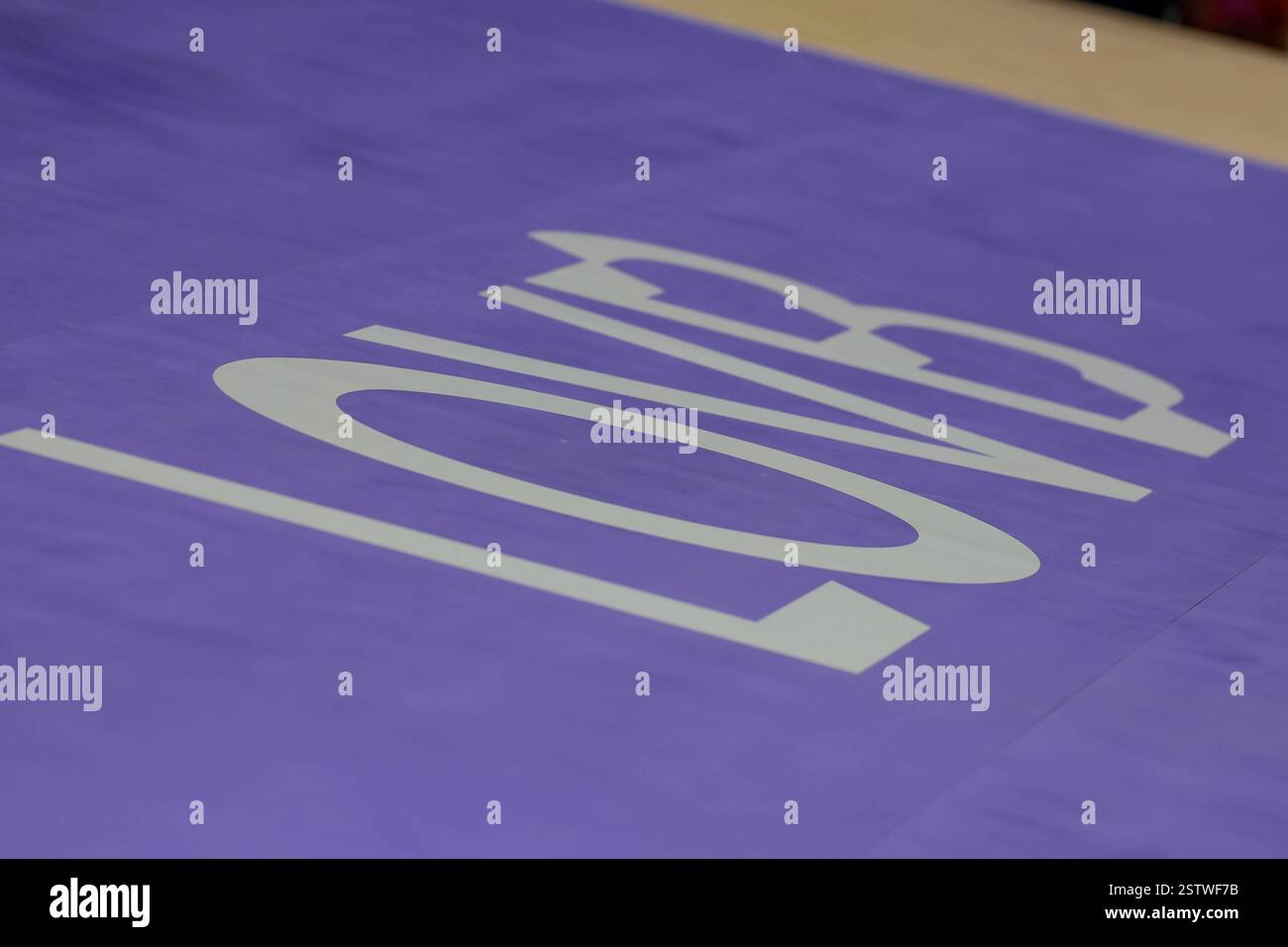 CEDAR PARK, TX - FEBRUARY 19: The LOVB logo is displayed on the court ...