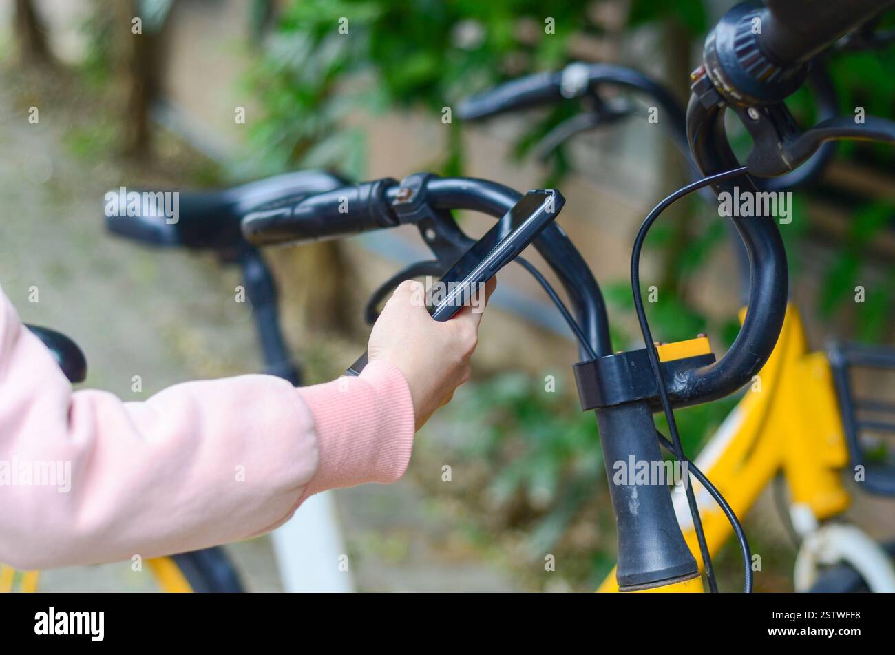 People use smart phone to scan the QR code on a shared bike to unlock it Stock Photo - Alamy