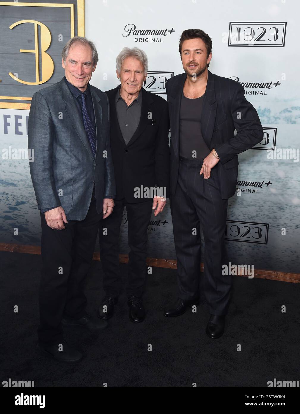 Los Angeles, USA. 19th Feb, 2025. Timothy Dalton, Harrison Ford and ...