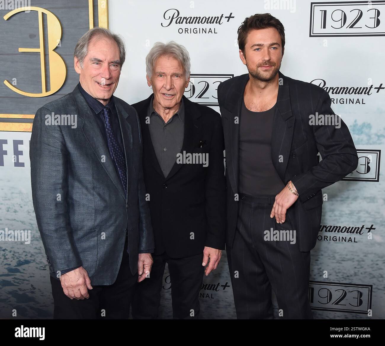 Timothy Dalton, Harrison Ford and Brandon Sklenar arriving at the ...