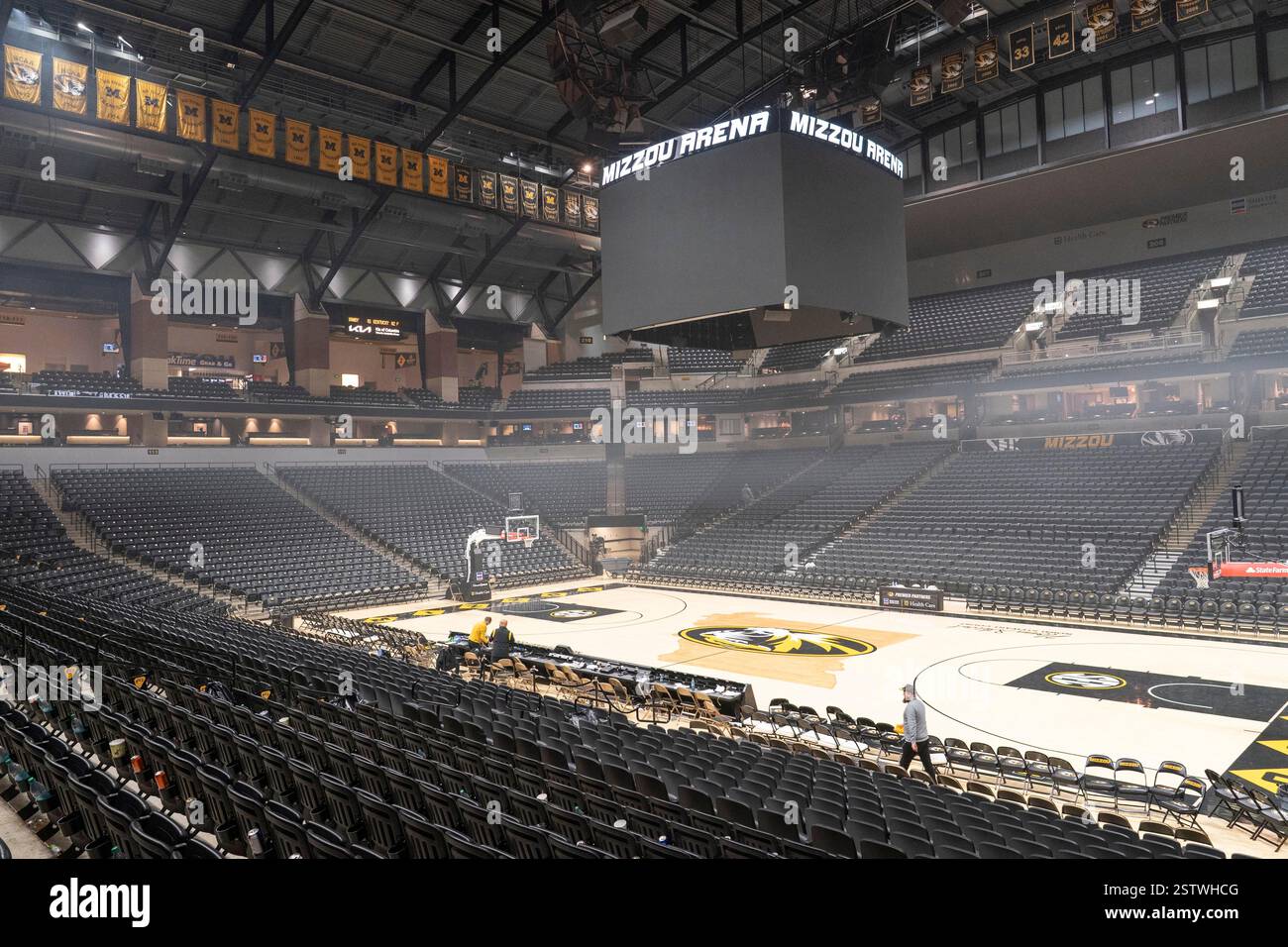 Smoke fills Mizzou Arena after the end of an NCAA college basketball ...