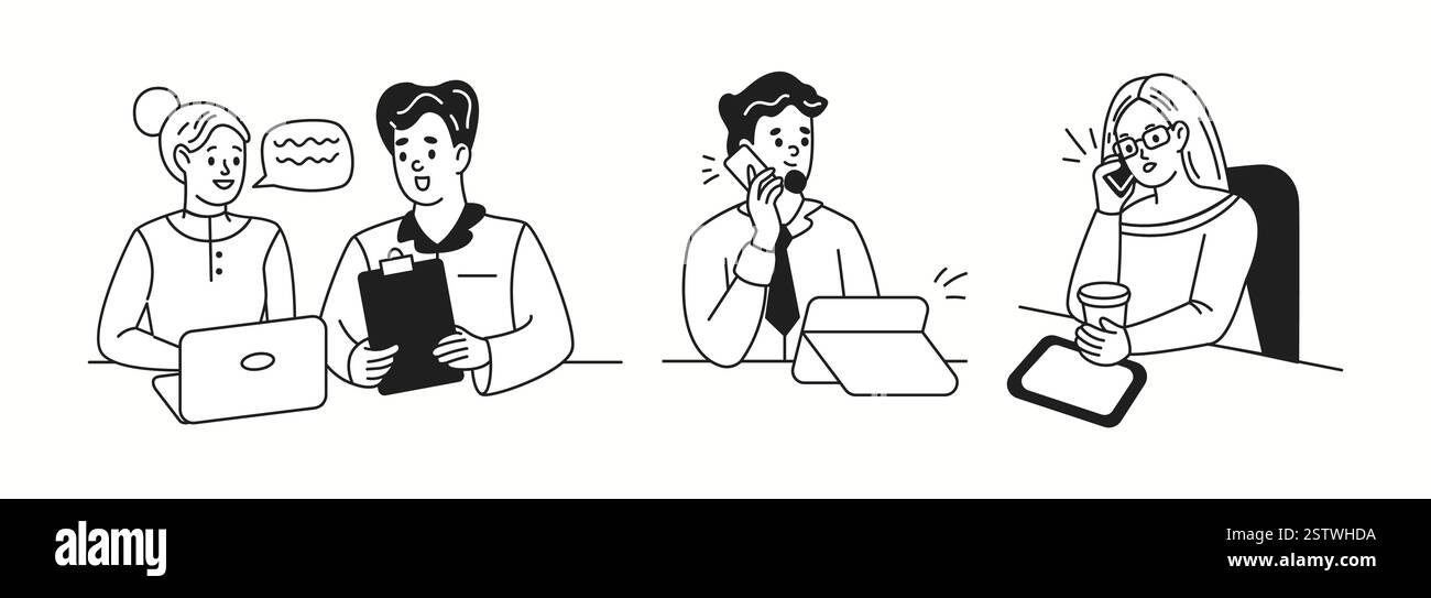 Office employees in workplaces linear icons collection. Using laptop ...