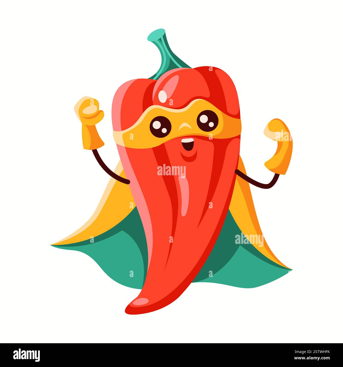 Red bell pepper superhero wearing a yellow mask and green cape, flexing ...