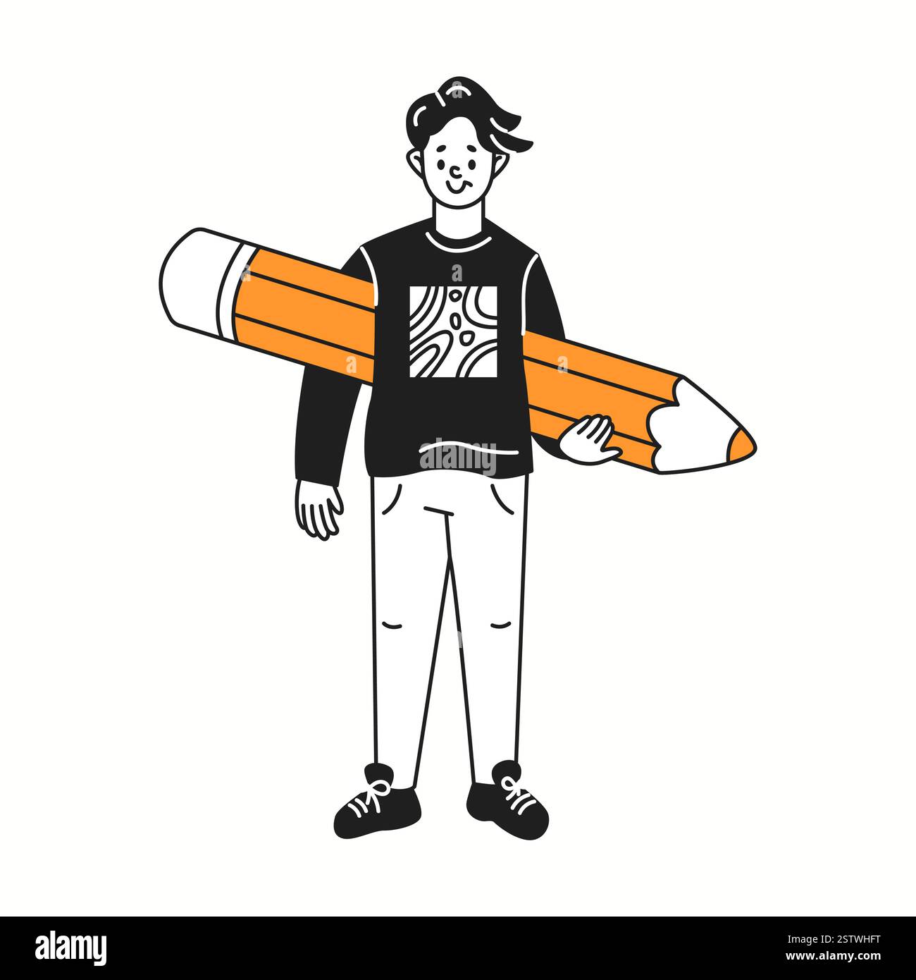 Designer holds enormous orange pencil color linear icon. Man shows ...