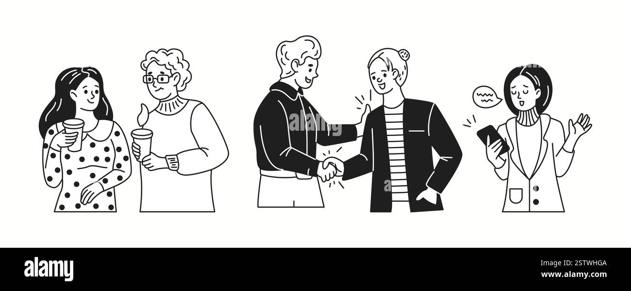 Office workers engage in communication linear icons collection. People ...