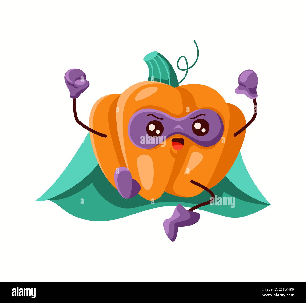 Funny cartoon pumpkin character in superhero costume with purple mask ...