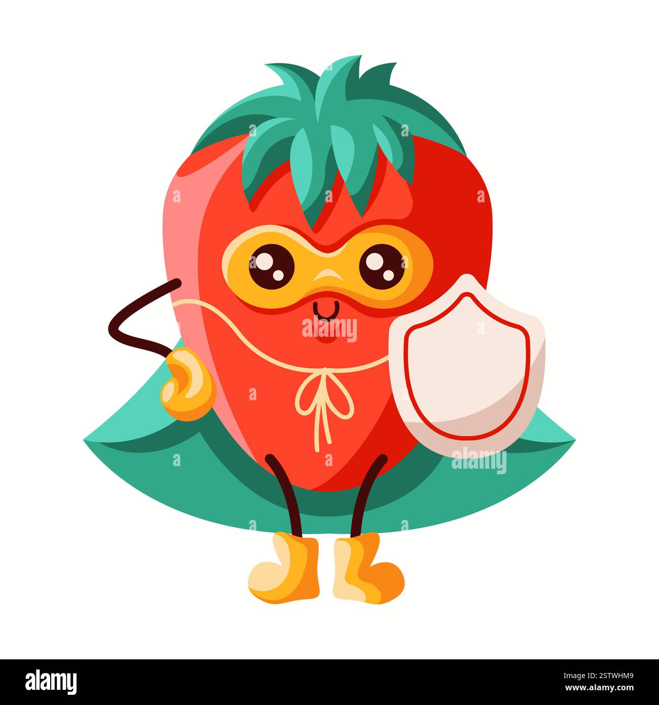 Energetic strawberry superhero in a purple mask and cape, running ...