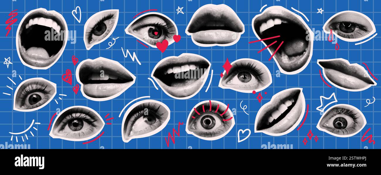 Creative retro collage with expressive eyes and mouths in halftone ...